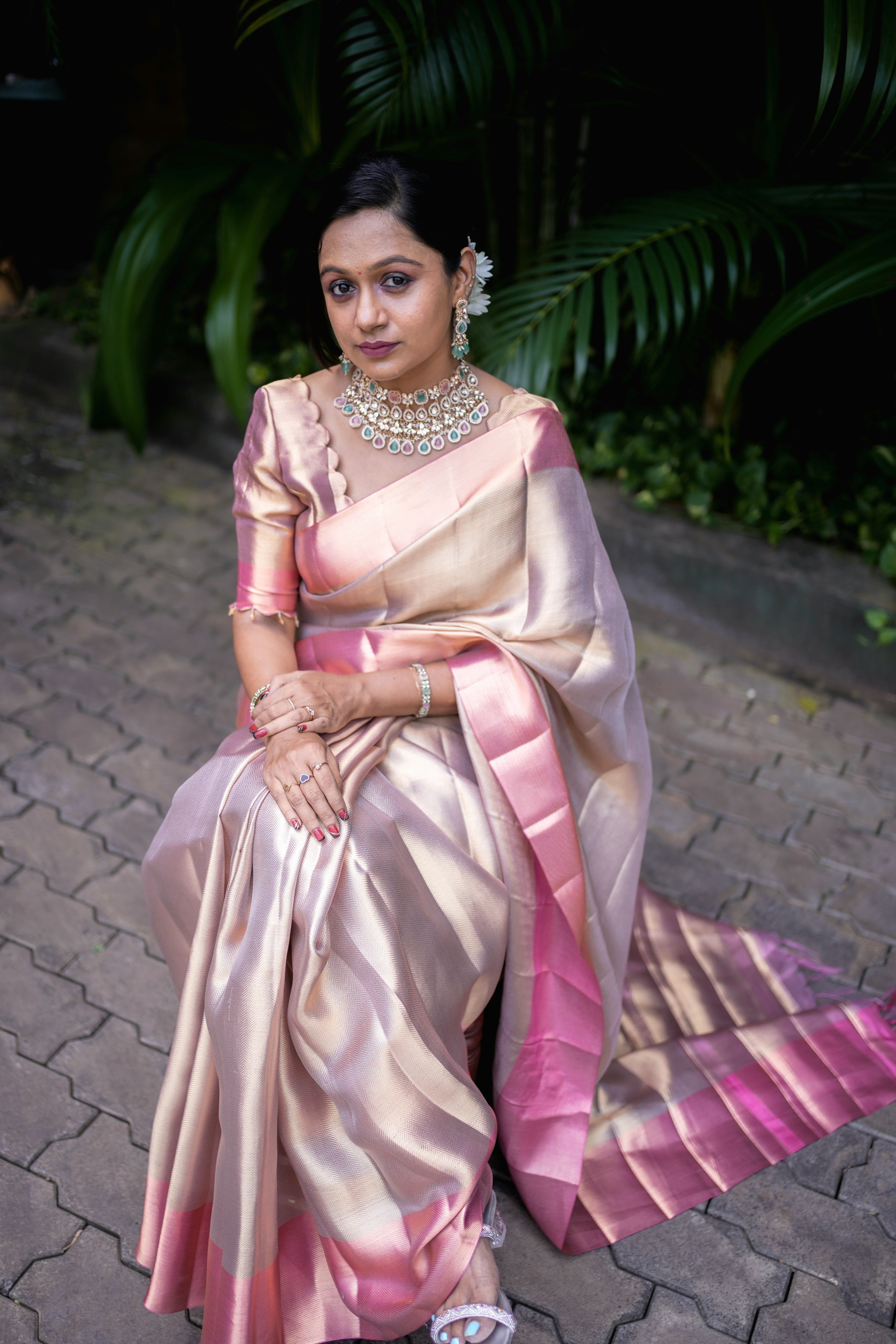 Peach Gold Soft Tissue Saree with Pink Gradient Border – Divanie.in