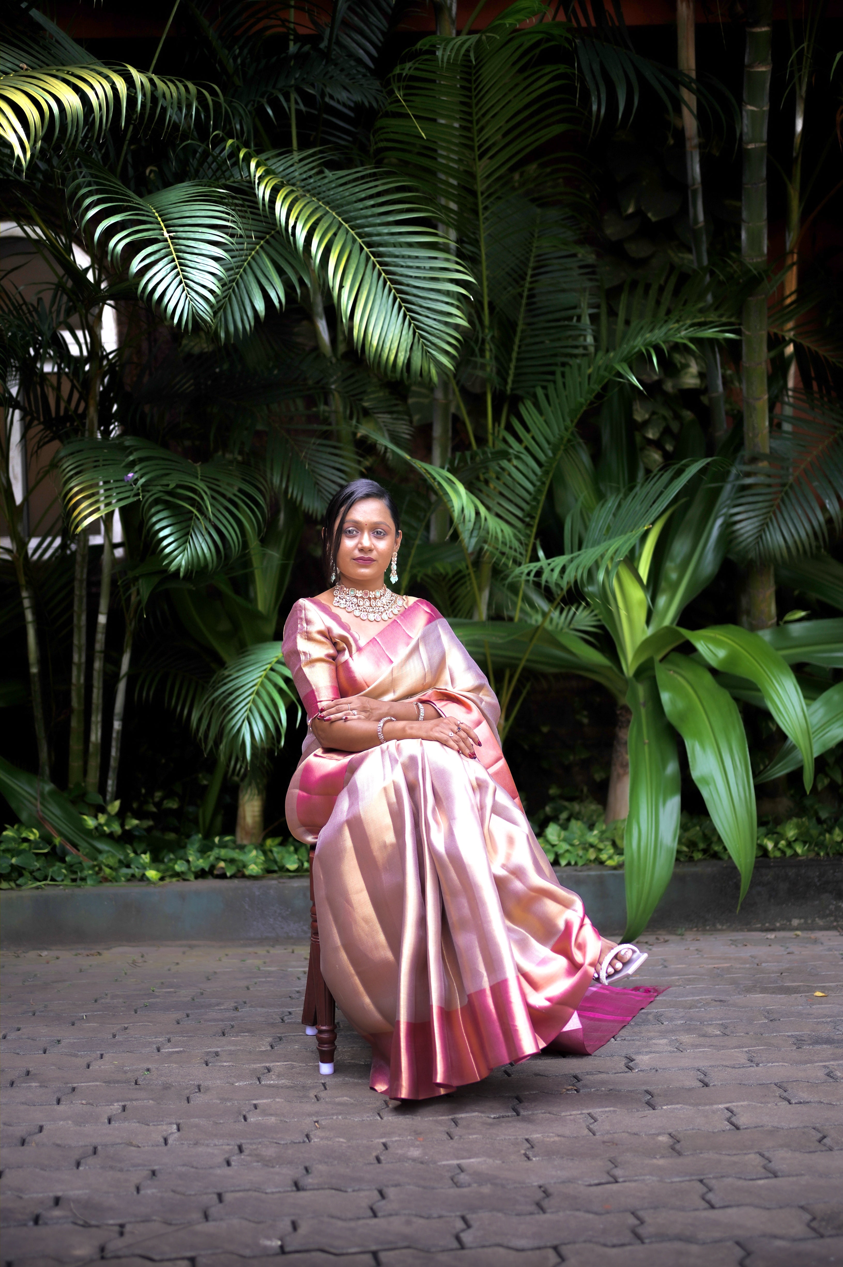 Peach Gold Soft Tissue Saree with Pink Gradient Border – Divanie.in